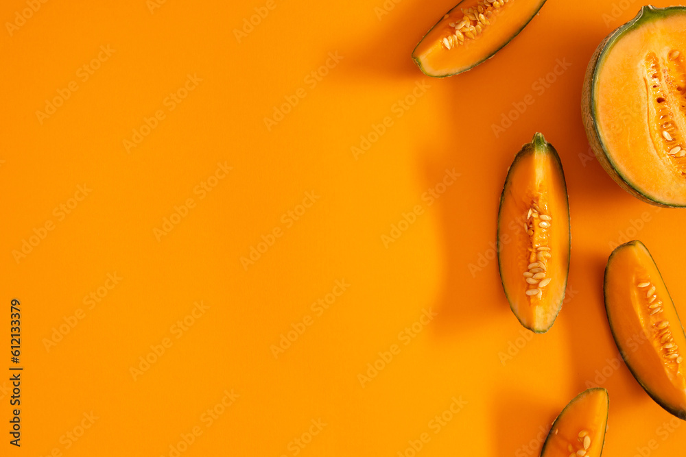 Melon slice on orange background. Creative layout made of fresh melon ...