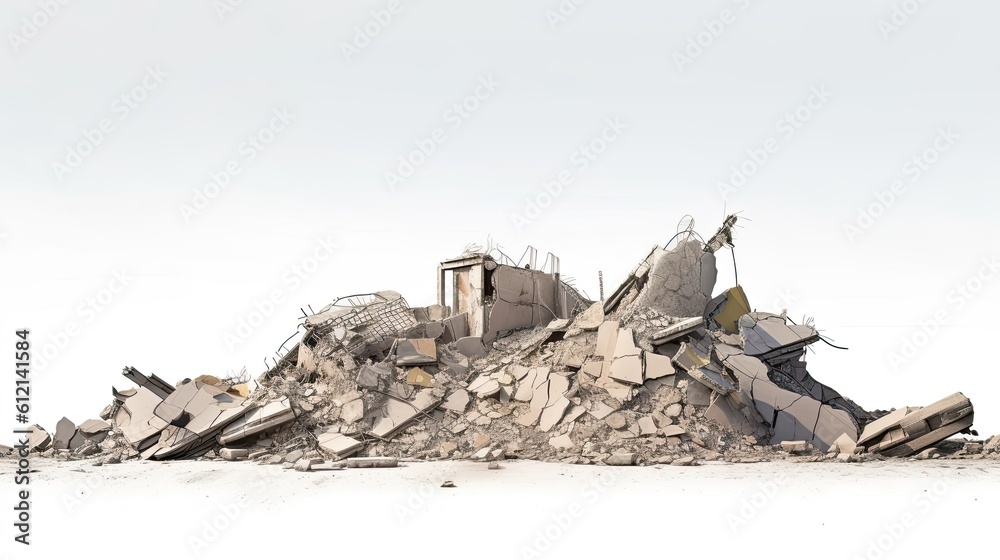 Remain of Destruction. Panoramic View of Isolated Concrete Wreckage and ...