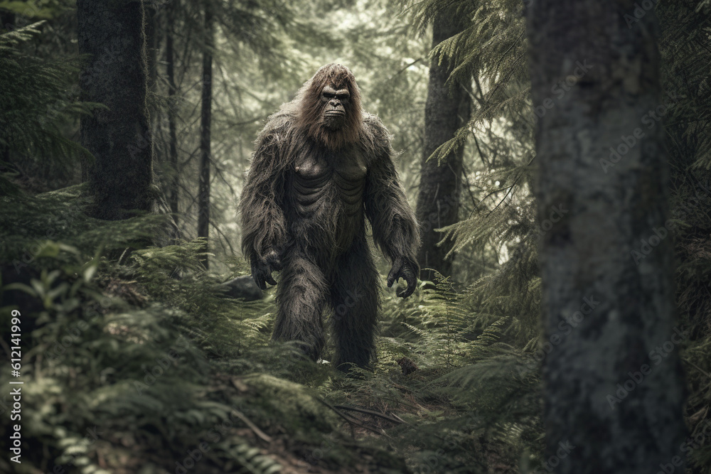 Illustration of a bigfoot or a mythic sasquatch standing in a dark forest. Generative AI. Stock ...