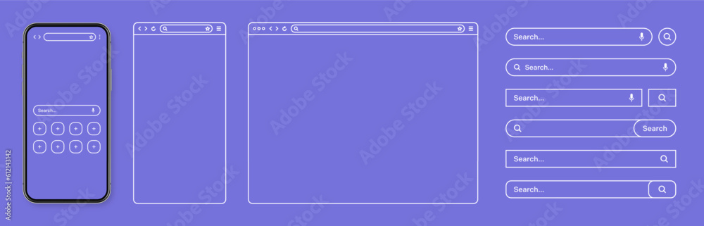 Smartphone, web browser, internet page window with toolbar and search ...