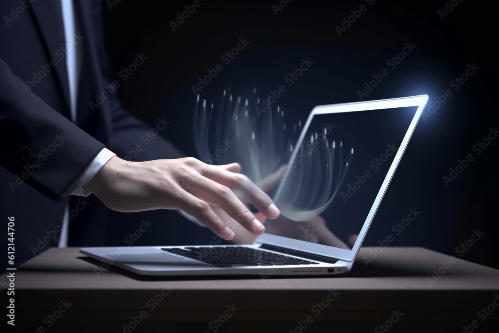 Laptops with holographic graphics representing business technology and ...