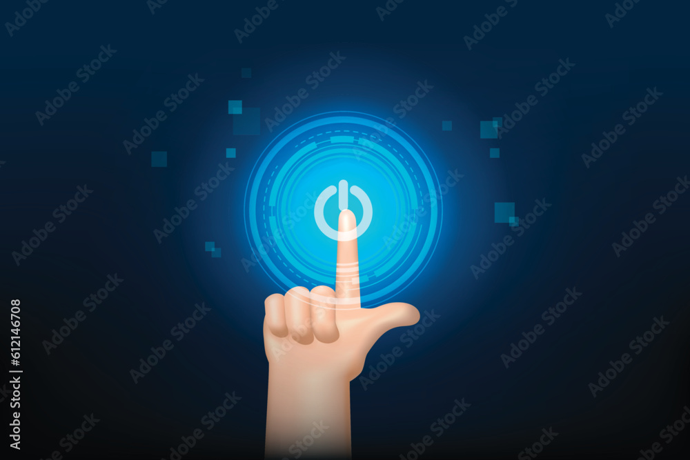 hand pointing finger to power button background of virtual computer ...