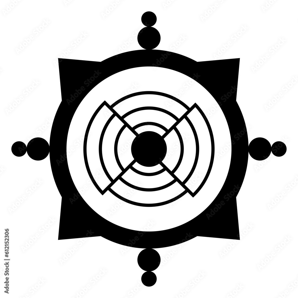 Large square with slightly indented side lengths, with a circle, and 8 ...