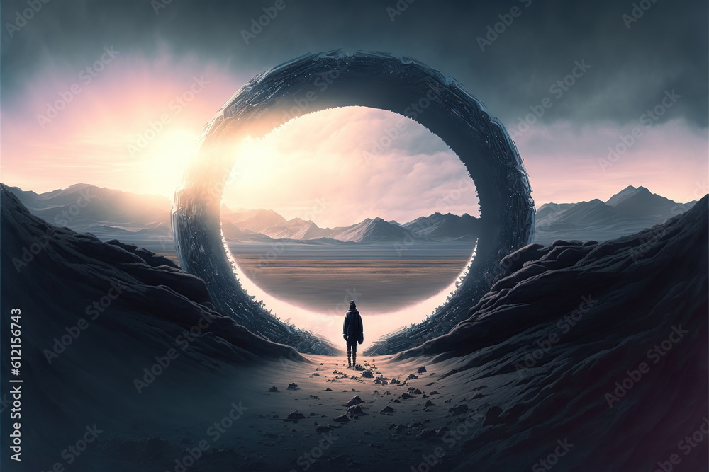 Spaceman travel through the space with mysterious sci-fi fantasy portal ...