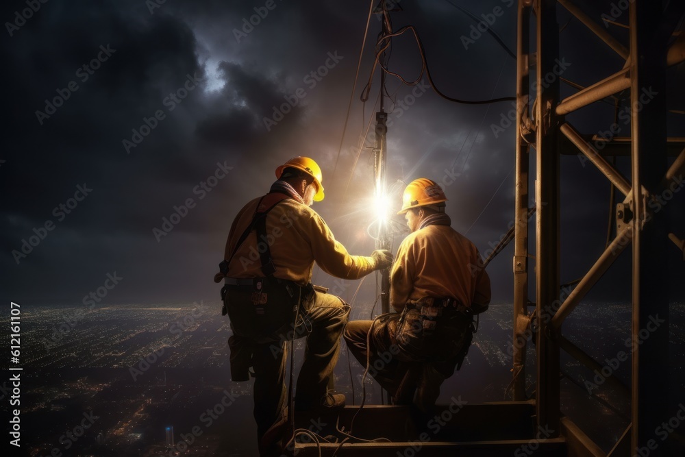 portrait photograph of power electrician Two people working at height ...
