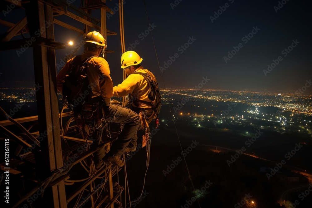 portrait photograph of power electrician Two people working at height ...