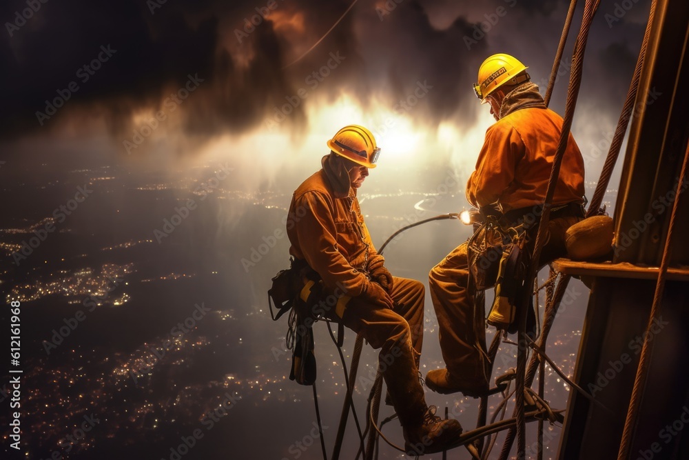 portrait photograph of power electrician Two people working at height ...