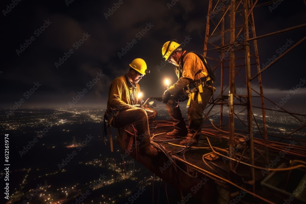 portrait photograph of power electrician Two people working at height ...
