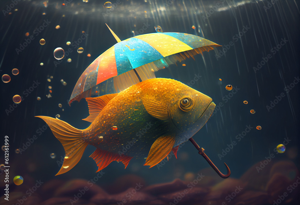 Fish under an umbrella. Cartoon illustration. Coloring. Generative AI ...