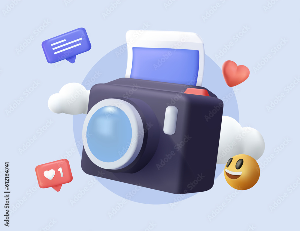 3d polaroid photo camera icon and frame social media. 3d snapshot ...