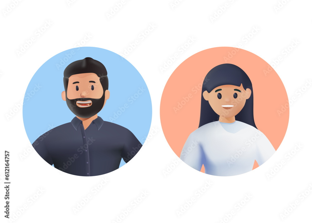 Young smiling man and woman avatars set. 3d vector people character ...