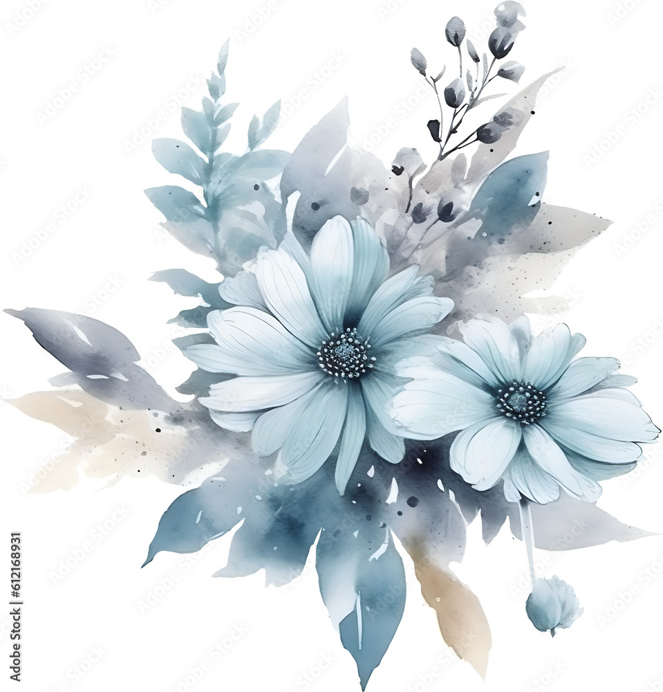 Watercolor blue flowers bouquet, png with transparent background Stock ...