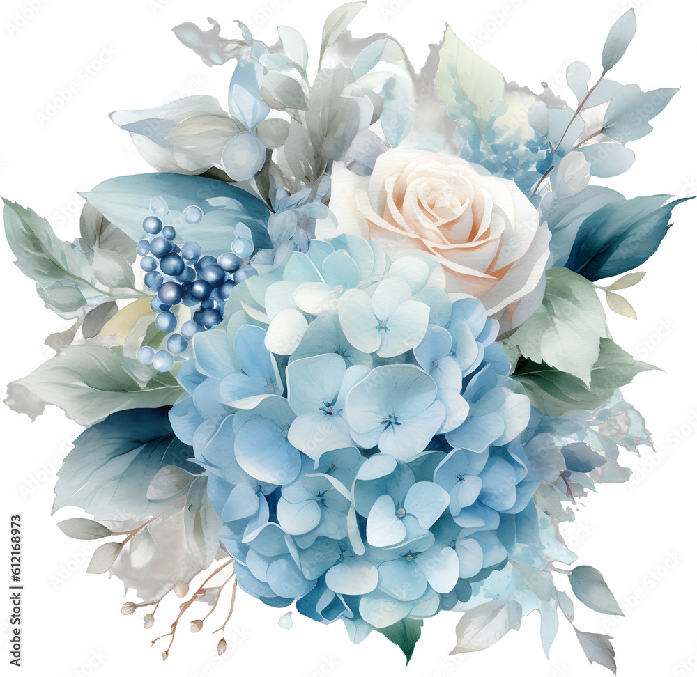 Watercolor blue flowers bouquet, png with transparent background Stock ...