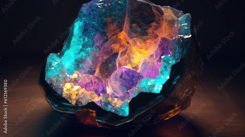 neon glowing sulphuric 3d realistic crystals in a crack crystal ball in ...