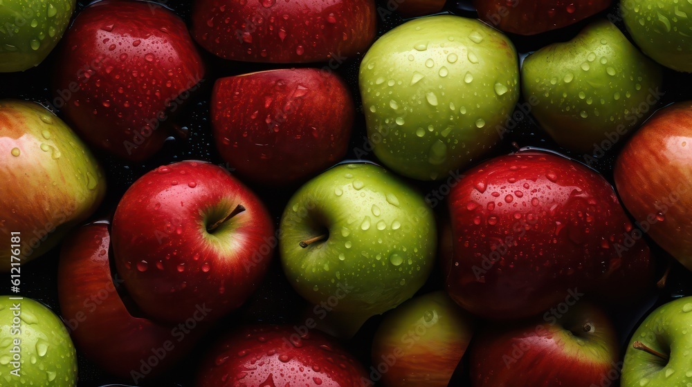 Many fresh red and green apple background adorned with some droplets of ...