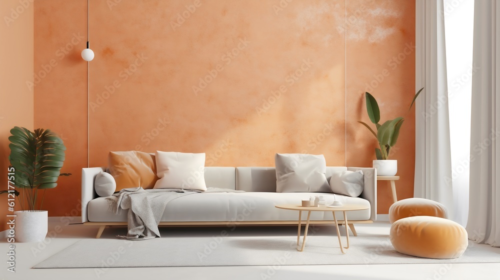Living room in apricot crush color of the year 2024 white accents ...
