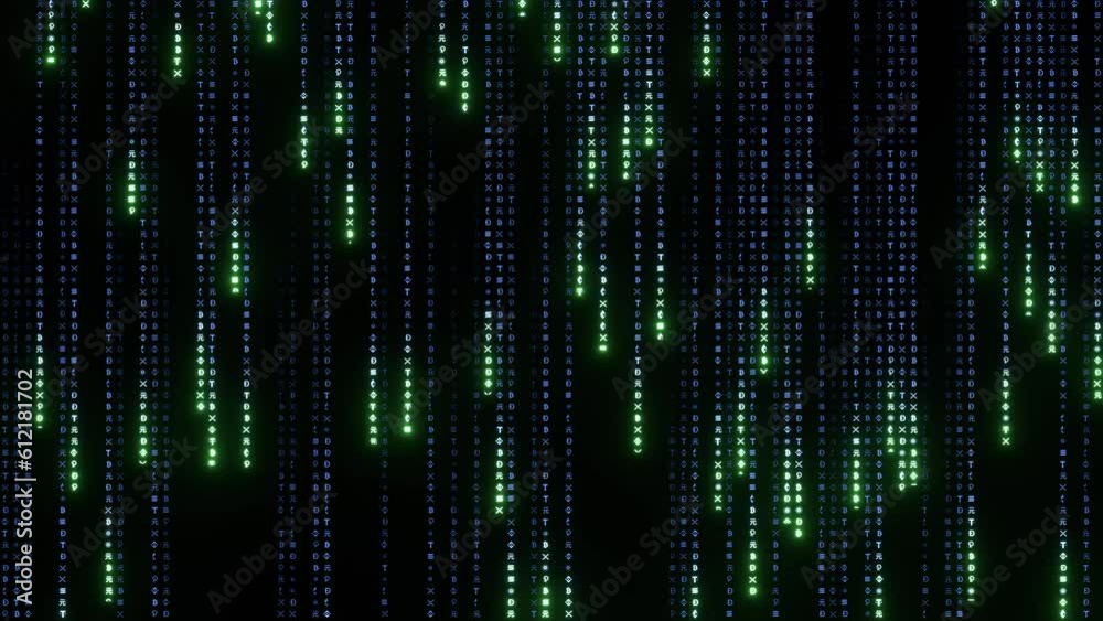 Matrix inspired seamless animation video, crypto symbols, encrypted data running on a black ...