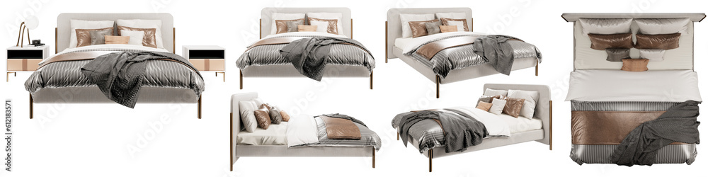 isometric bed with pillows mockup, top view, font view, side view ...