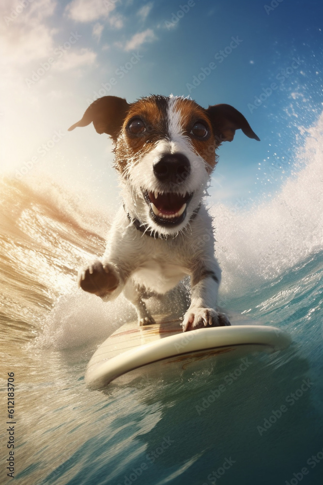 cooler fröhlicher Jack Russel Terrier Hund beim surfen auf einem ...