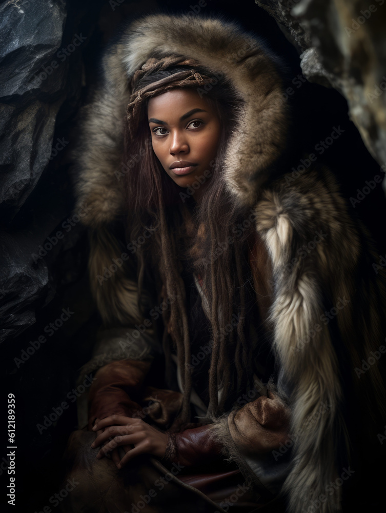 Pleistocene Cavewoman in Dark Cave Wearing Fur, Prehistoric Ice Age ...