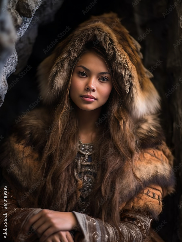 Ice Age Cave Woman, Cavewoman Wearing Furs in Cavern Photorealistic ...