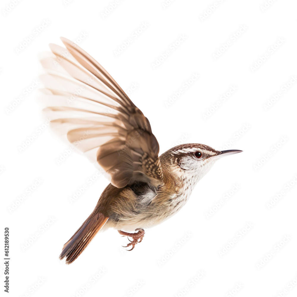 Wren bird Flying in the air with open wingspan isolated on white ...