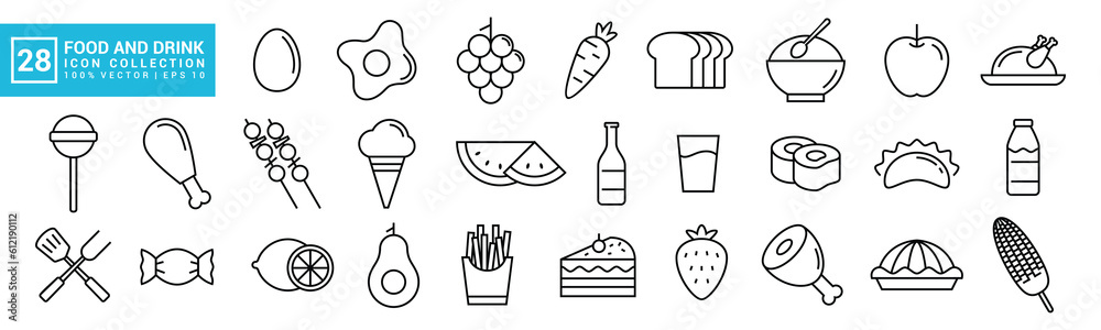 Food and drink icon collection, breakfast, delicious, nutritious ...
