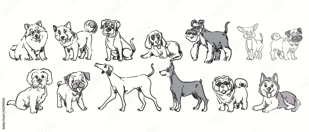 Set collection of breeds dog icon character hand drawing vector ...
