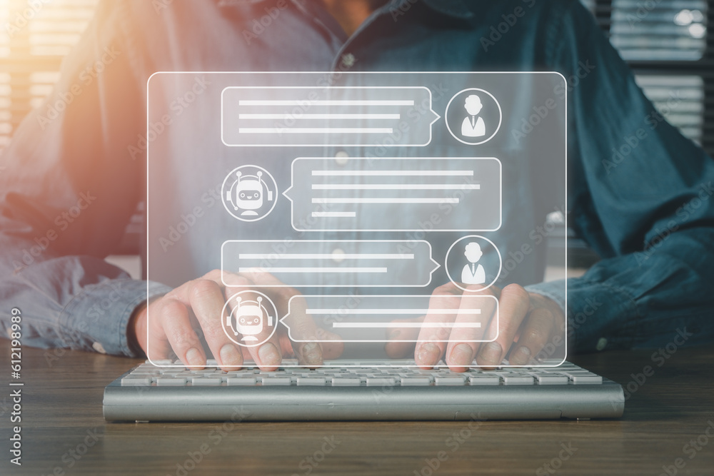 Chat GPT, Chat bot assistant, Person typng keyboard computer on desk ...