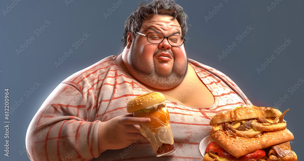 fat obese man eats junk food, unhealthy lifestyle concept, made with ...