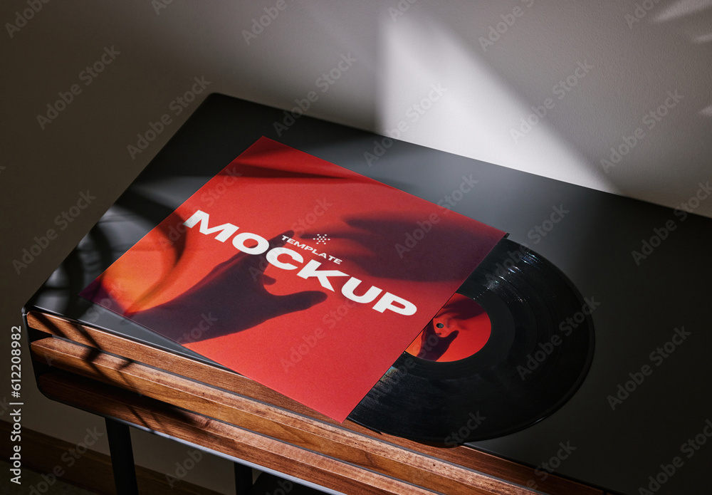 Mockup of customizable LP vinyl record album sleeve and label on small ...