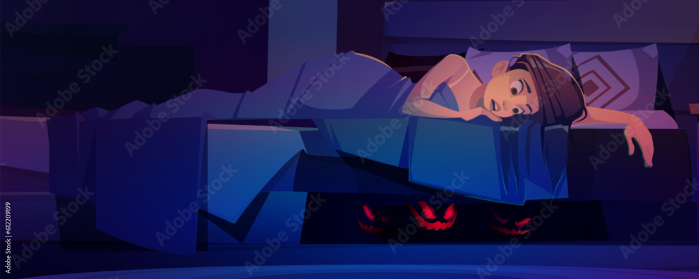 Woman scared nightmare red eyes monster under bed. Bad scary dream with ...