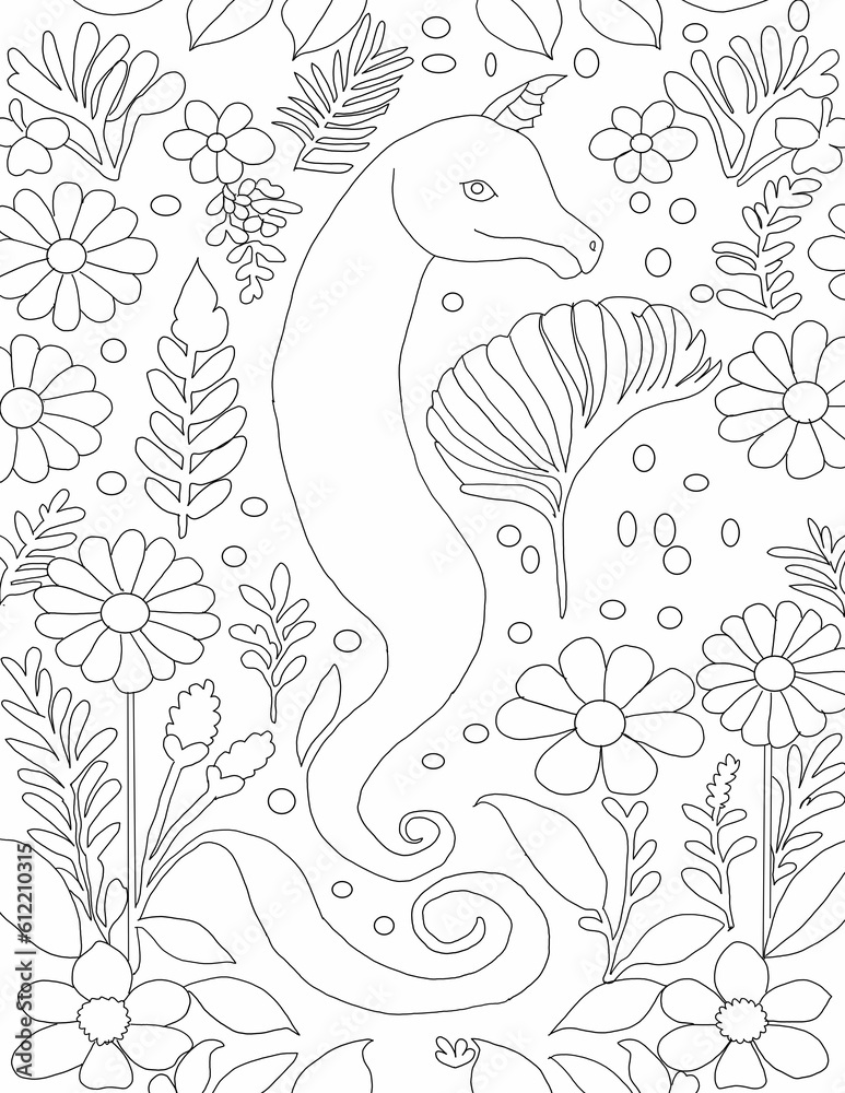 cute Seahorse line art with floral background for coloring book ...