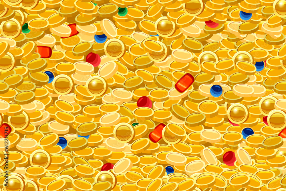 Gold coin seamless pattern background, pile of gold coins with gem ...