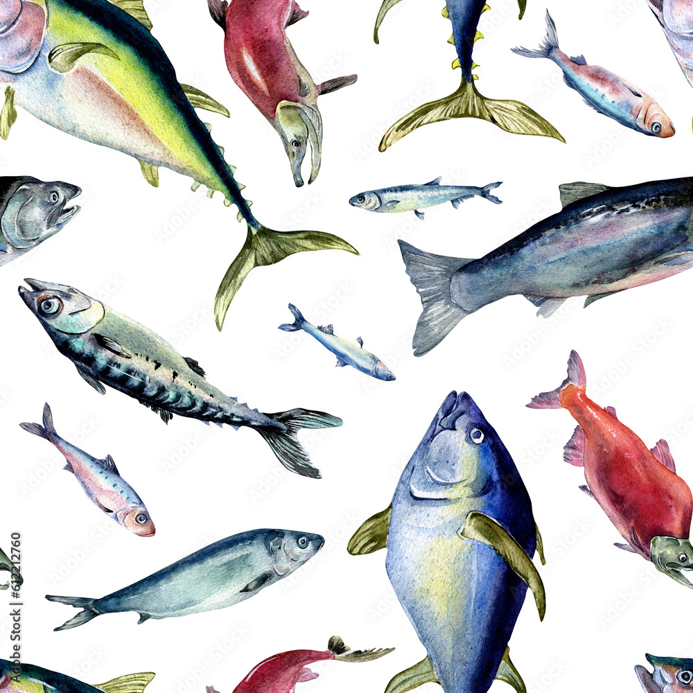 Various sea fishes seamless pattern watercolor illustration isolated on ...