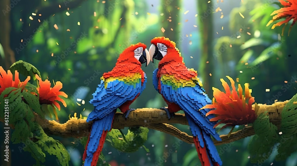 pixel art macaw in the tropical forest background Generative AI Stock ...