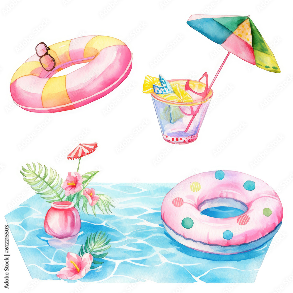 Summer pool clipart, watercolor pencil sketch on white background Stock ...