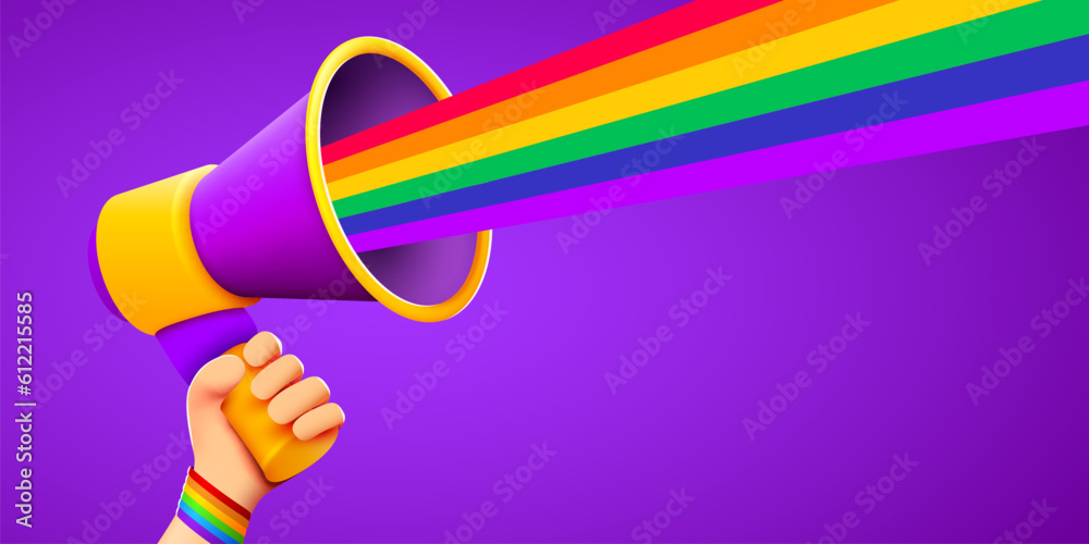 Hand holds megaphone with LGBT rainbow flag. Pride month banner. People ...