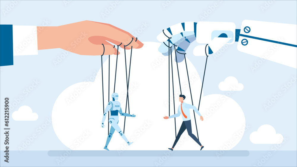 A person manipulates a robot. Artificial intelligence controls the man ...