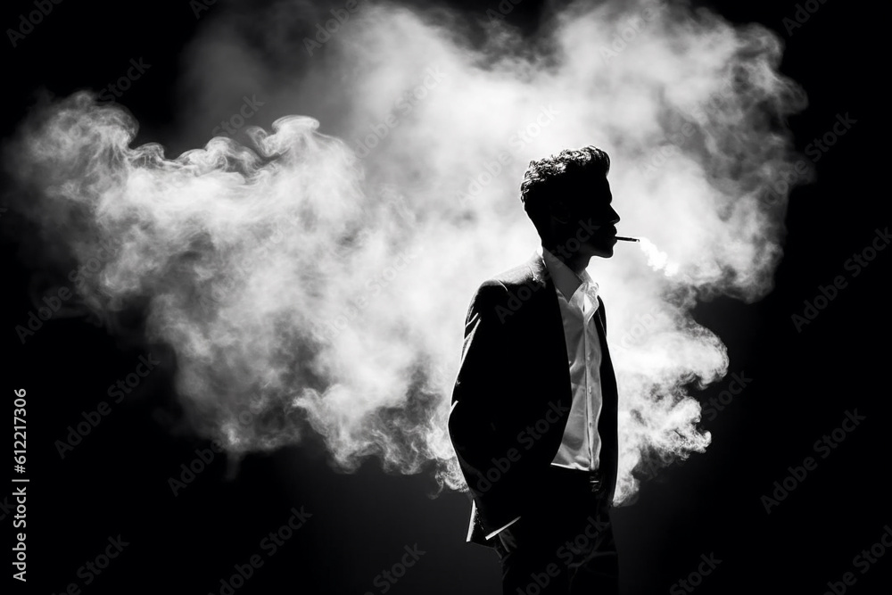 Backlight a silhouette of a man in the smoke, black and white, man ...
