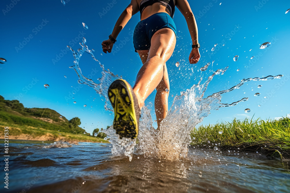Young woman athlete race runners over stream with water splash on sunny ...
