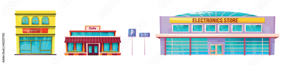 Cartoon set of modern electronics store, cafe buildings isolated on ...