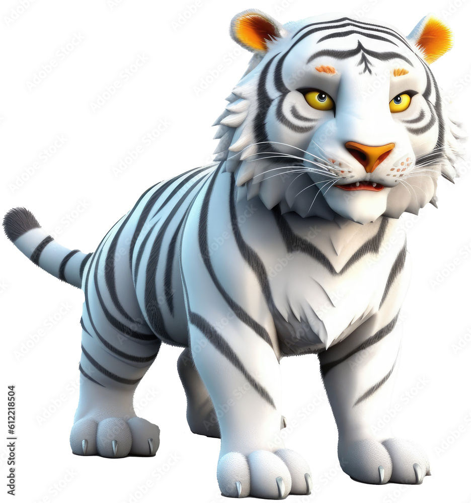 Cartoon white tiger in 3D style, isolated on a transparent background ...