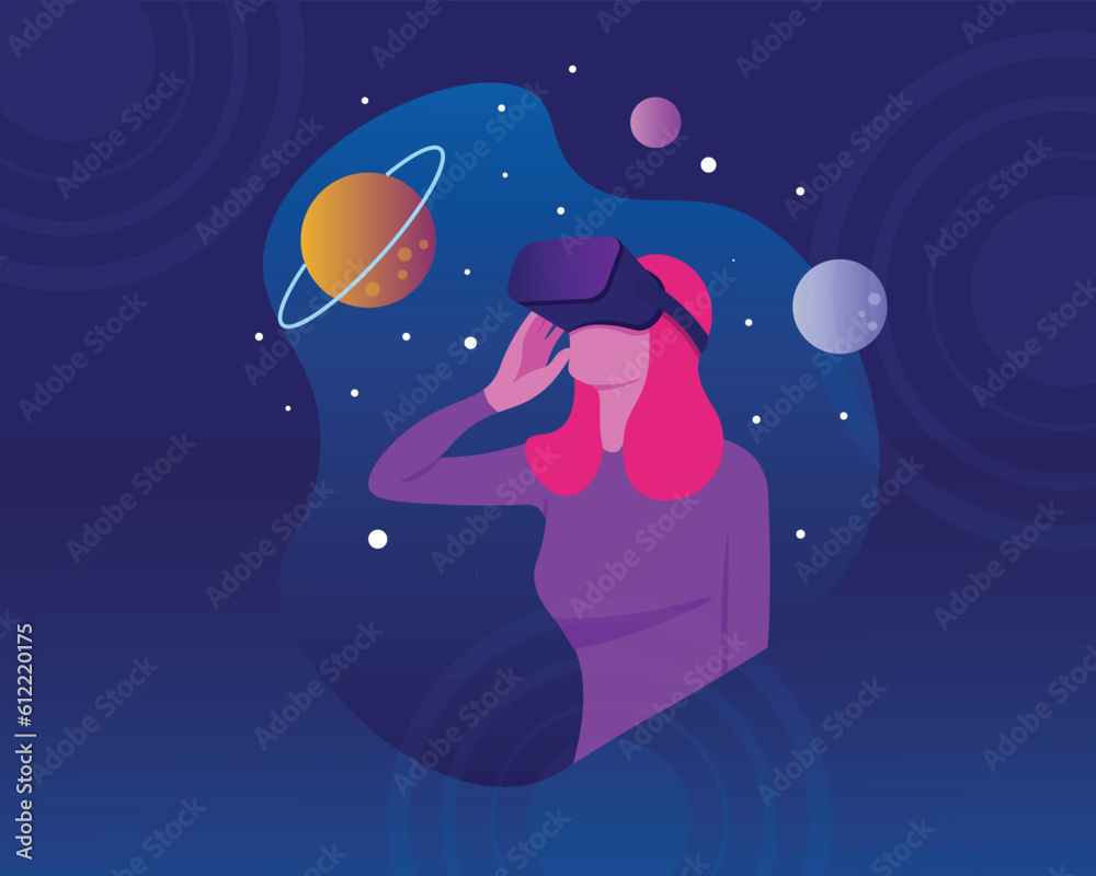 Colored cartoon girl looks at planets in VR headsets. People ...