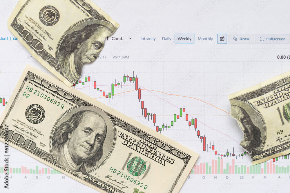 Exchange rate concept. Dollars bills and Diagram of stock market prices ...
