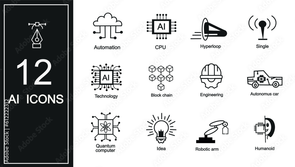 Artificial intelligence icon set in flat style, machine learning, smart ...