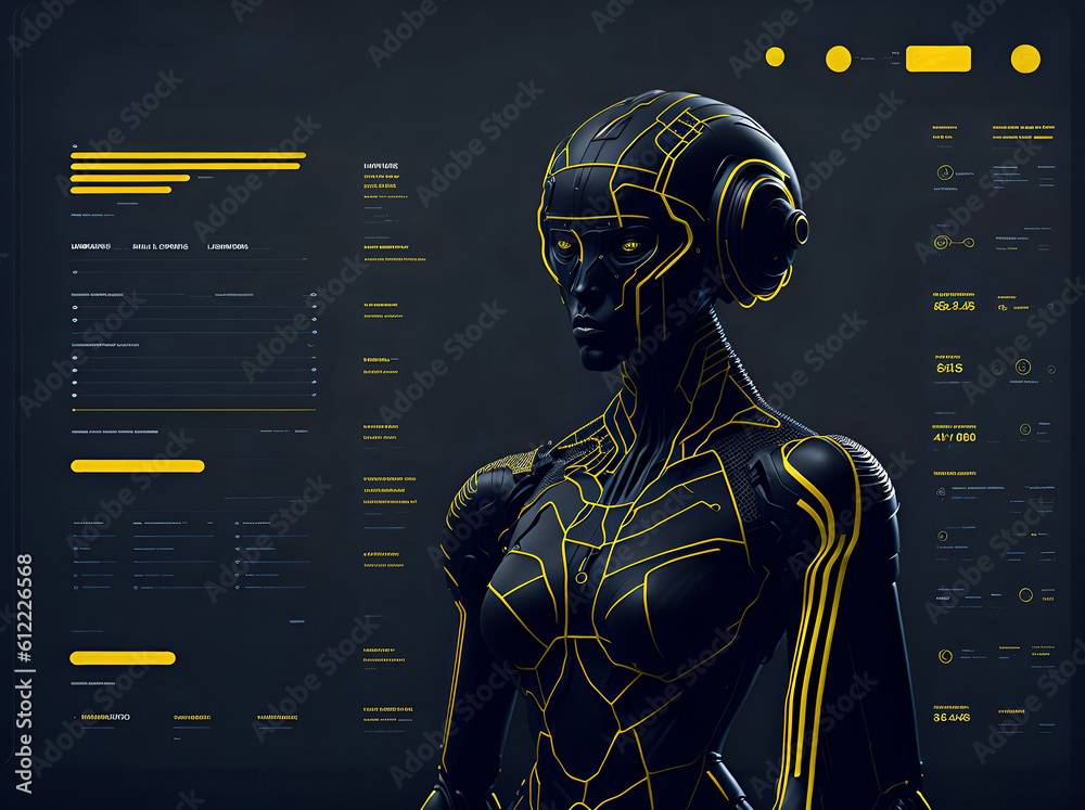 Figure of robot made of metal and electronic systems. Cyborg robot on ...