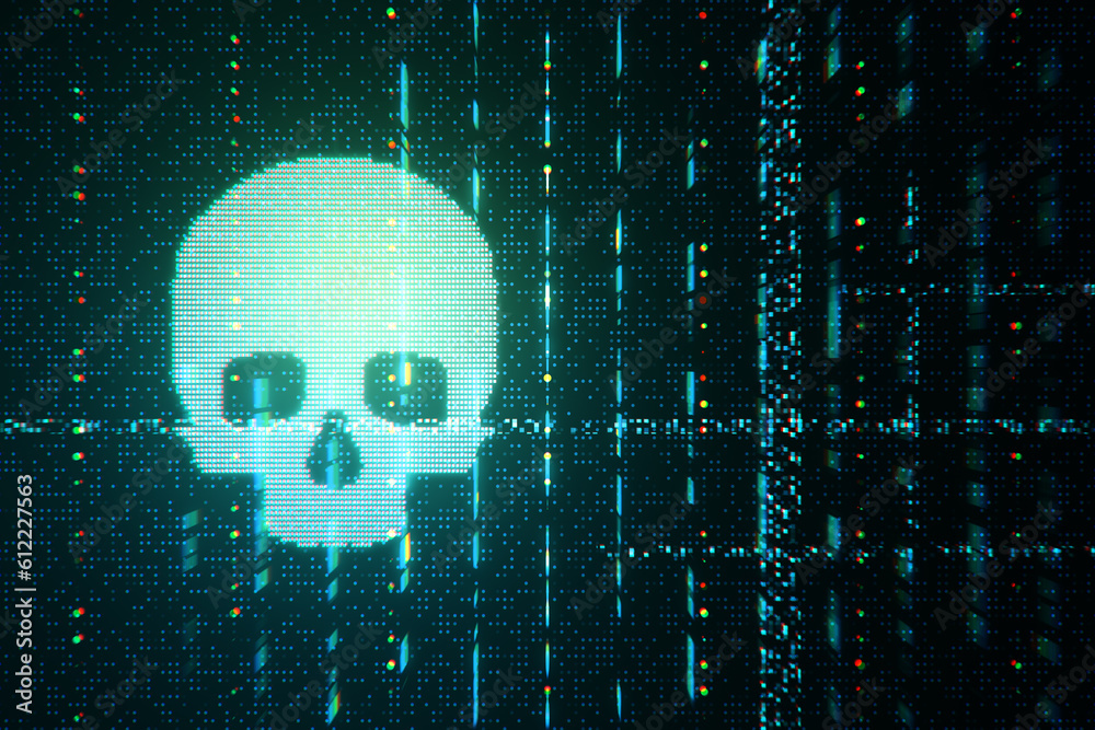 Abstract glowing digital blue glitch skull hologram on dark backdrop ...