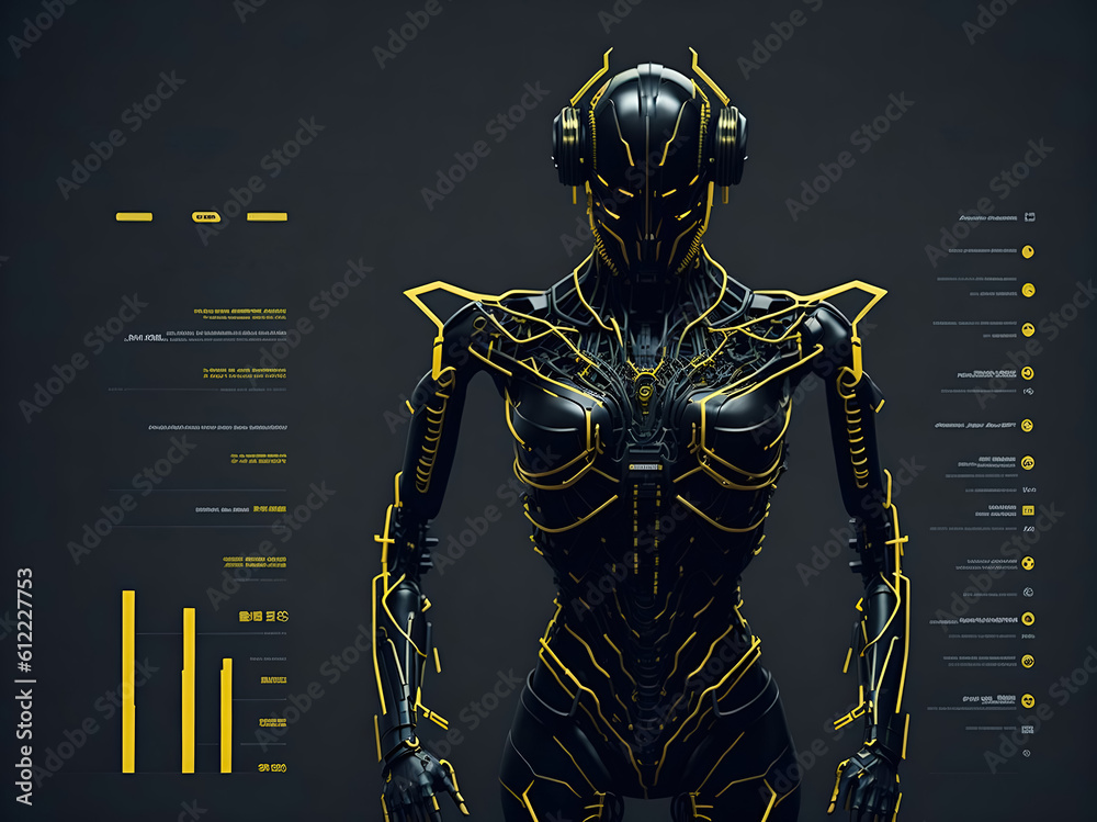 Figure of robot made of metal and electronic systems. Cyborg robot on ...