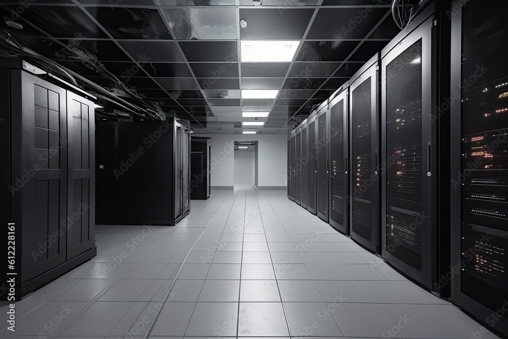 server room data center with rows of black servers. 3d render, Server ...